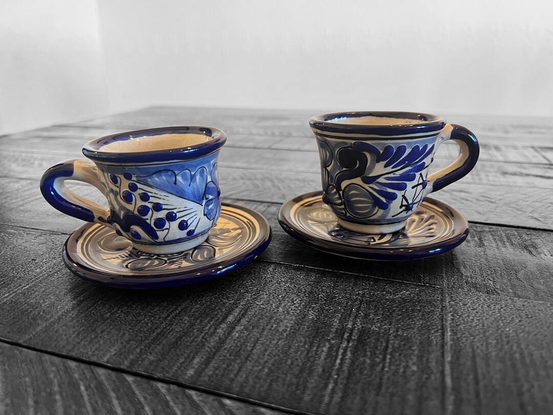 2 Qty Azul Expresso Cups With Saucers Handmade Talavera 2.36oz 70ml - Etsy