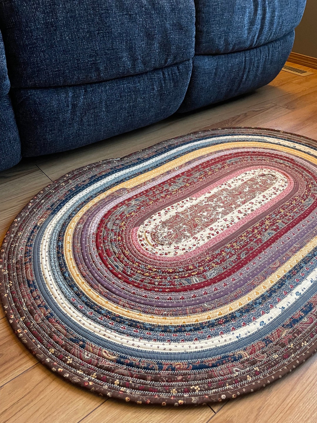 Oval Area Rug, Maroon Navy and Cream Handmade Rag Rug, Jelly Roll ...