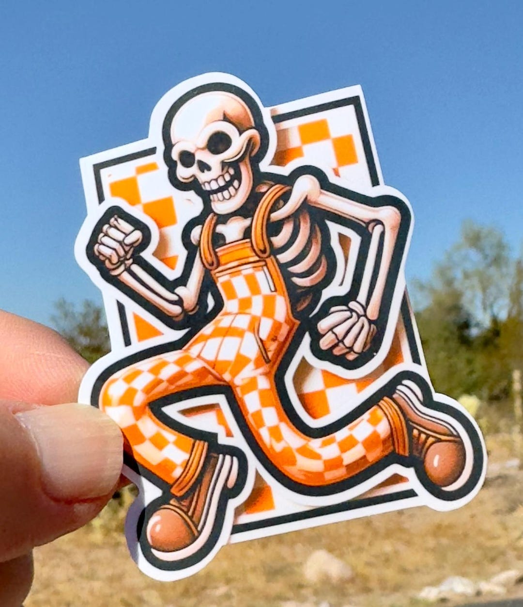 Skeleton Wearing Orange and White Checkered Overalls Sticker. UT Vols ...