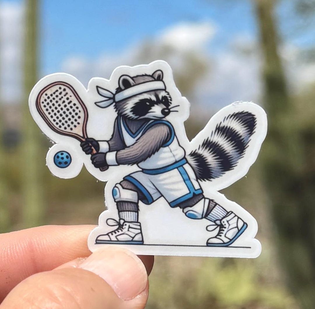 Cute Raccoon Playing Pickleball Sticker, Sticker, Pickleball, Raccoon ...