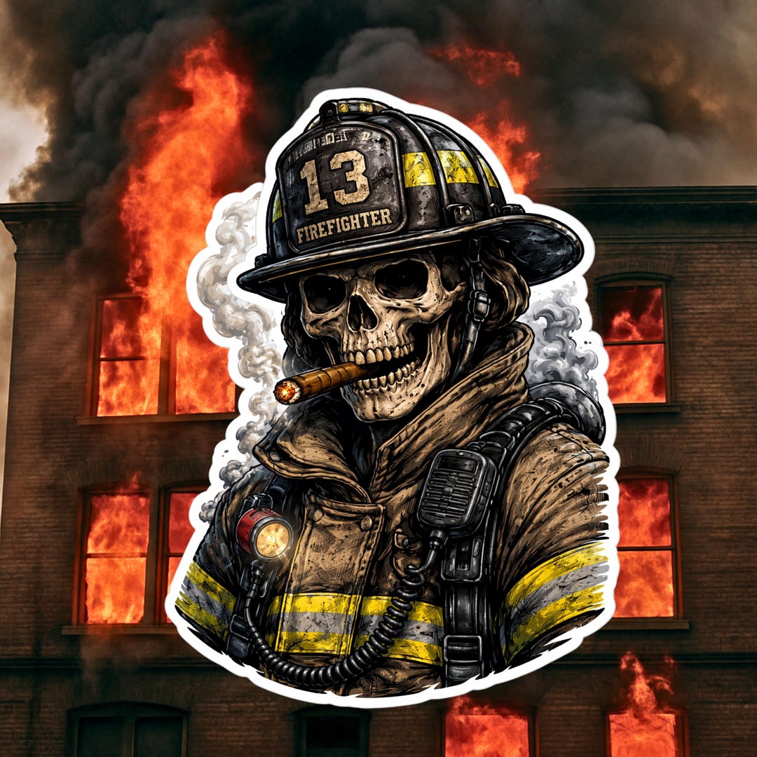 Gritty Skeleton Firefighter With Cigar Sticker | Firefighter Skull ...