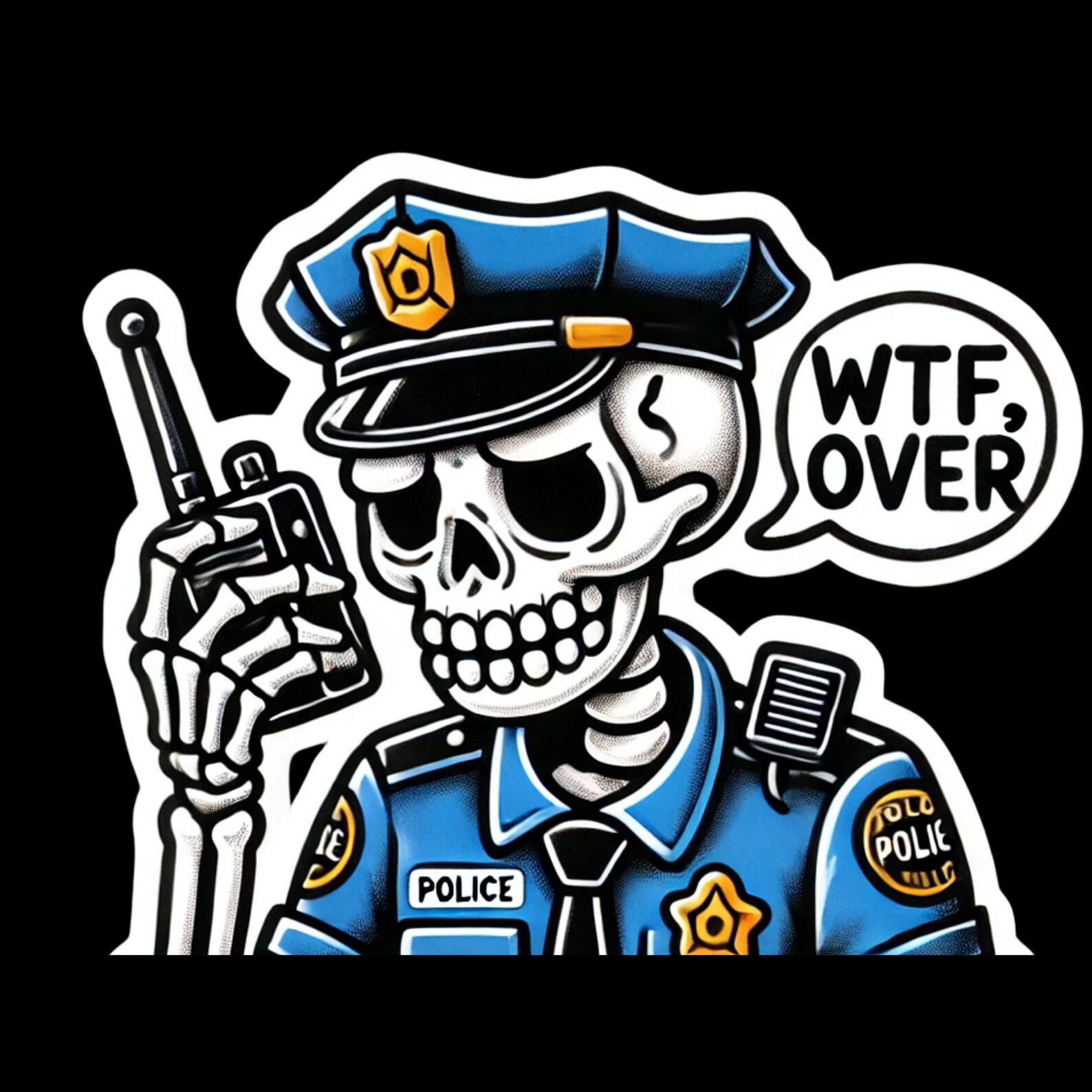 Skeleton Police Officer WTF Over Walkie Talkie Sticker, WTF, Walkie ...