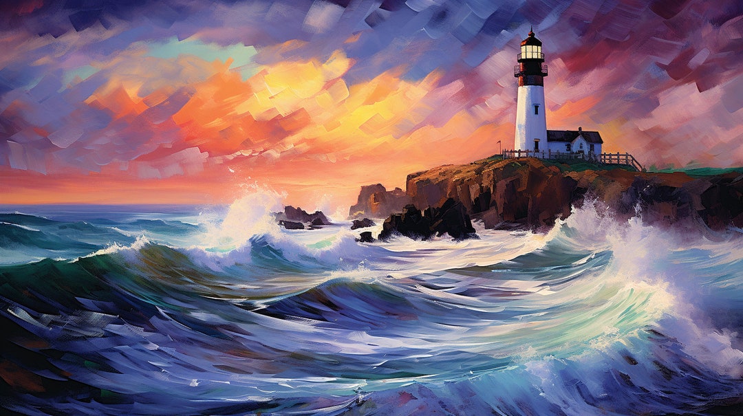 Impressionist Style Painting Lighthouse at Sunset, Lighthouse at Sunset ...