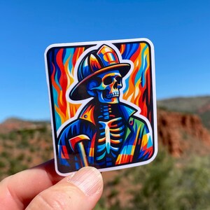 Pop Art Style Skeleton Firefighter Sticker, Firefighter, Bunker Gear ...