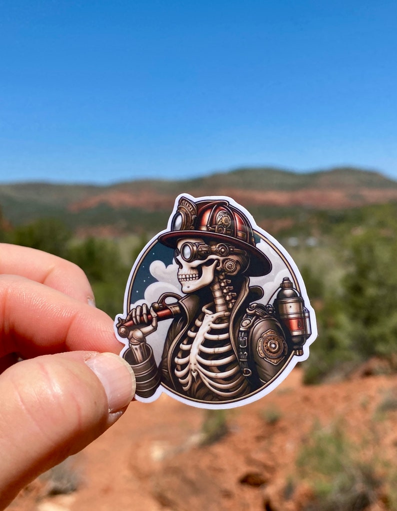 Steampunk Skeleton Female Firefighter Sticker, Firefighter, Female ...
