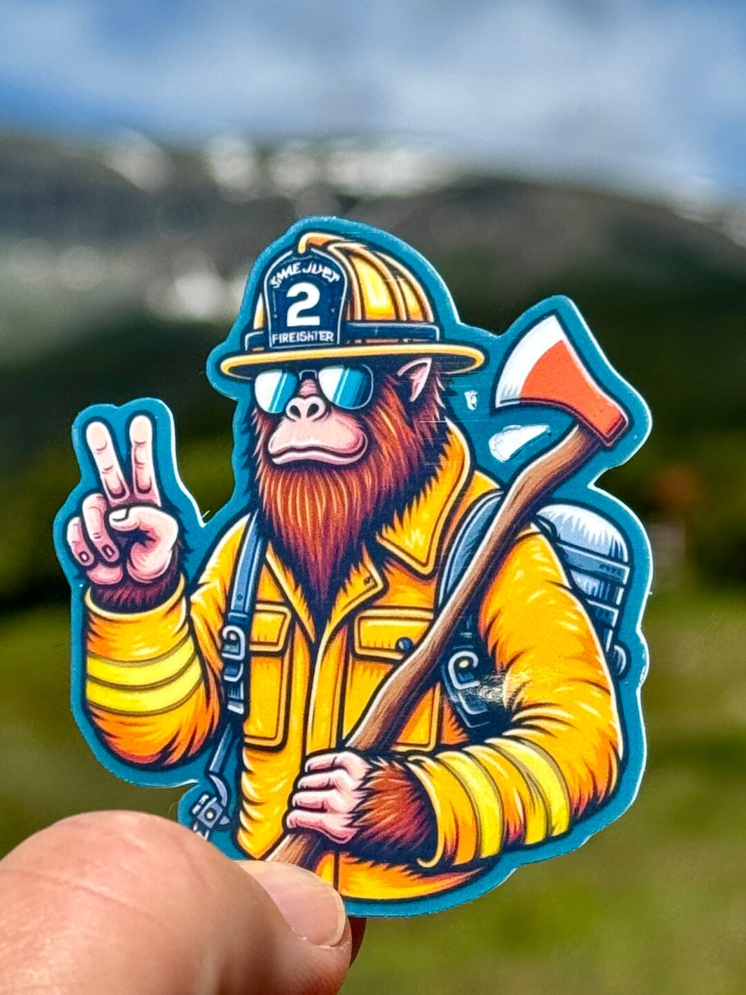 Bigfoot Wildland Firefighter Giving Peace Sign Sticker, Firefighter ...