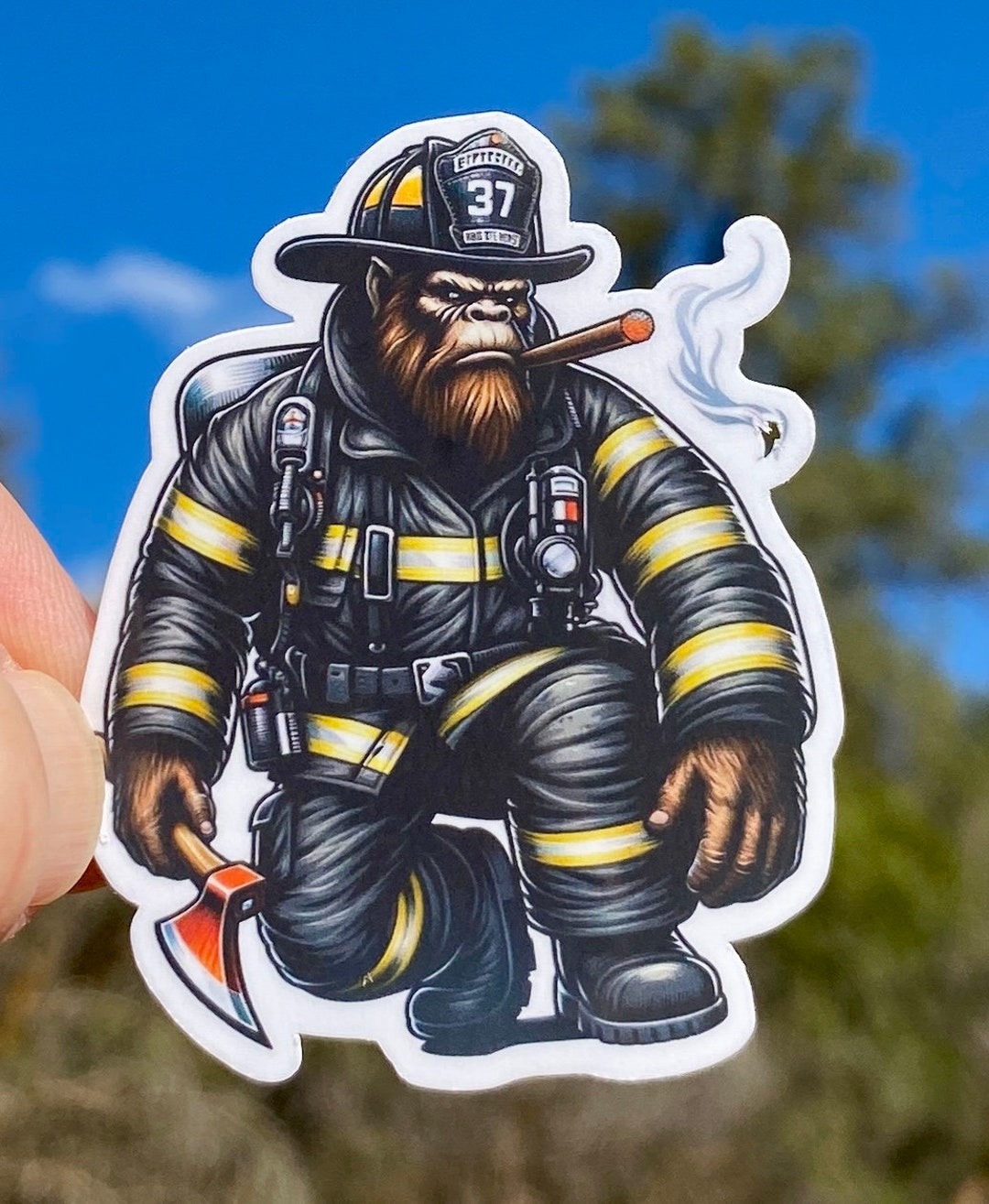 Bigfoot Firefighter Smoking a Cigar Sticker, Firefighter, Fireman ...