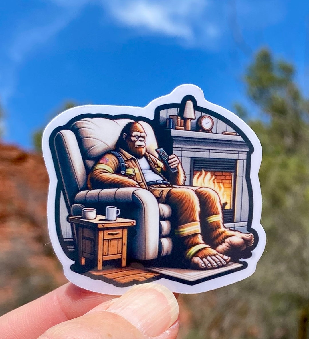 Bigfoot Firefighter in a Recliner Sticker, Firefighter, Fireman ...