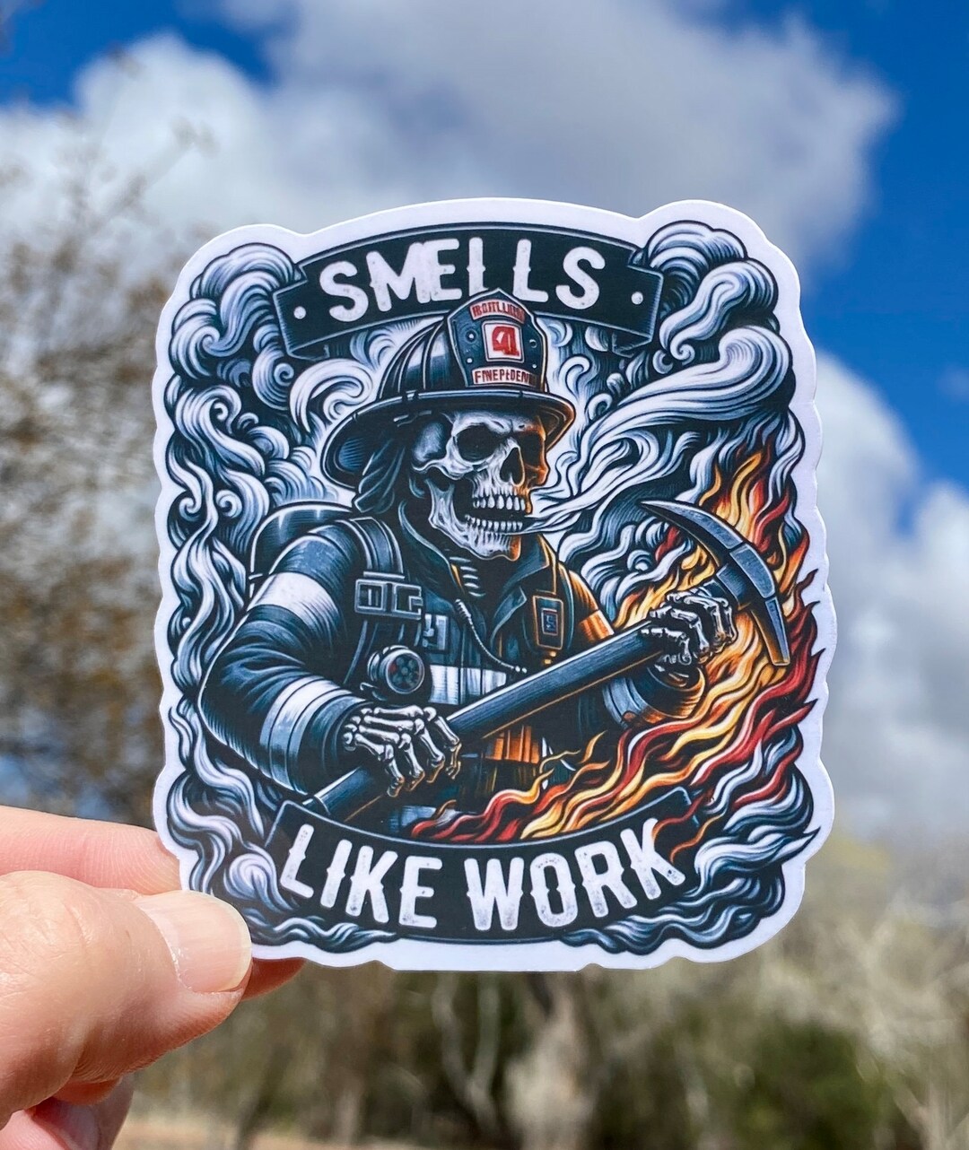 Skeleton Firefighter Smells Like Work Sticker, Firefighter, Bunker Gear ...