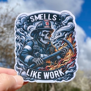Skeleton Firefighter Smells Like Work Sticker, Firefighter, Bunker Gear ...