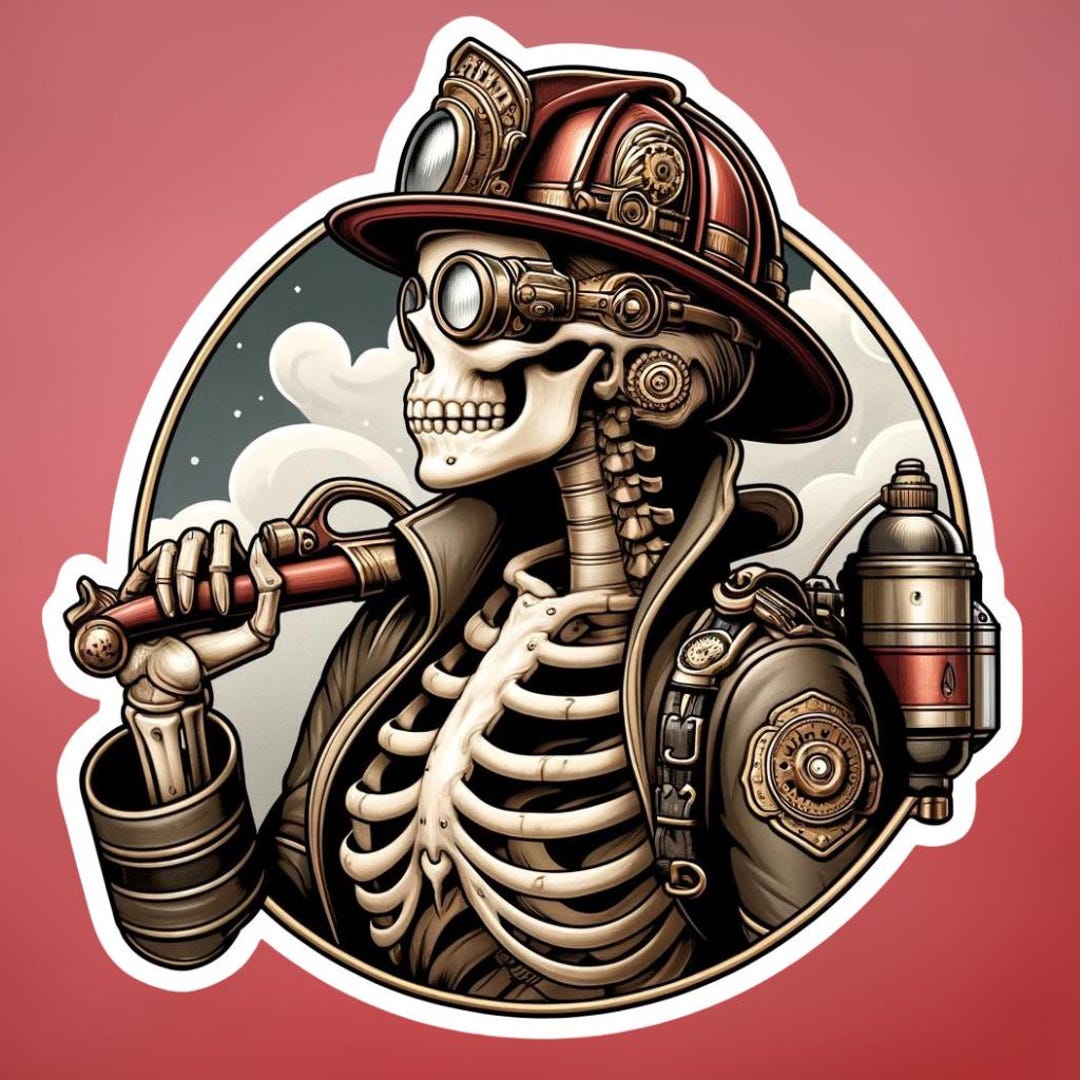 Steampunk Female Skeleton Firefighter Sticker – Vintage Firefighter ...