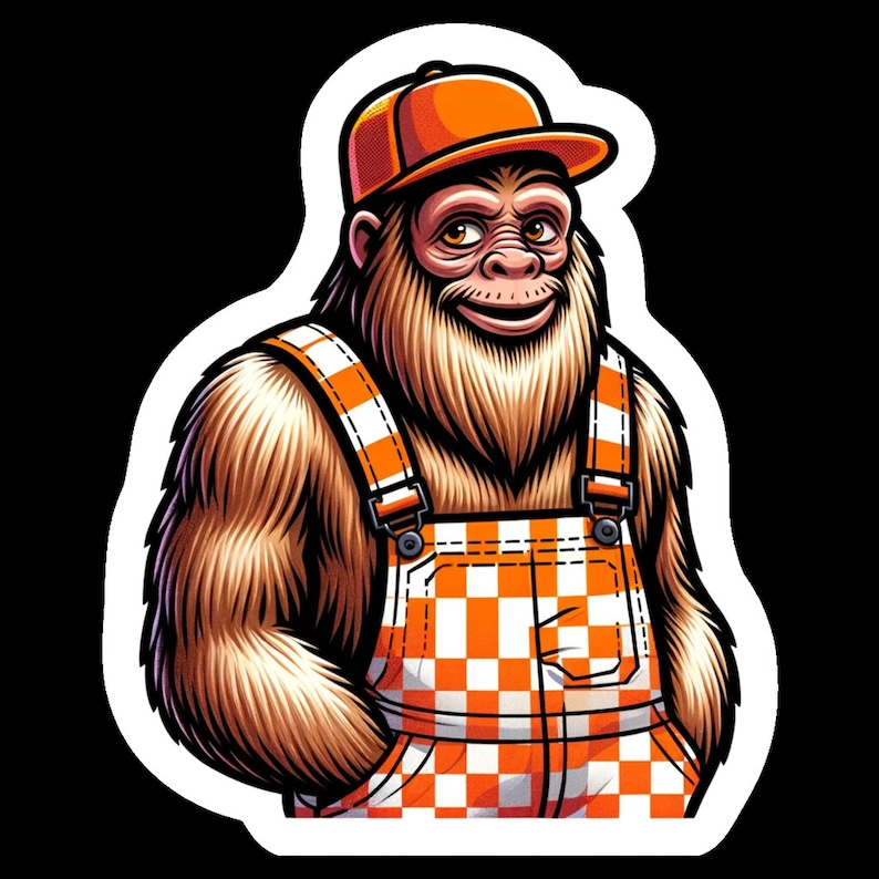 Bigfoot Wearing Orange and White Checkered Overalls Sticker. UT Vols ...