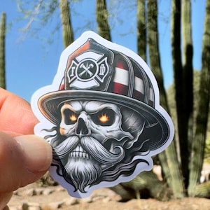 Skeleton Firefighter With Flaming Eyes Sticker, Firefighter, Bunker ...