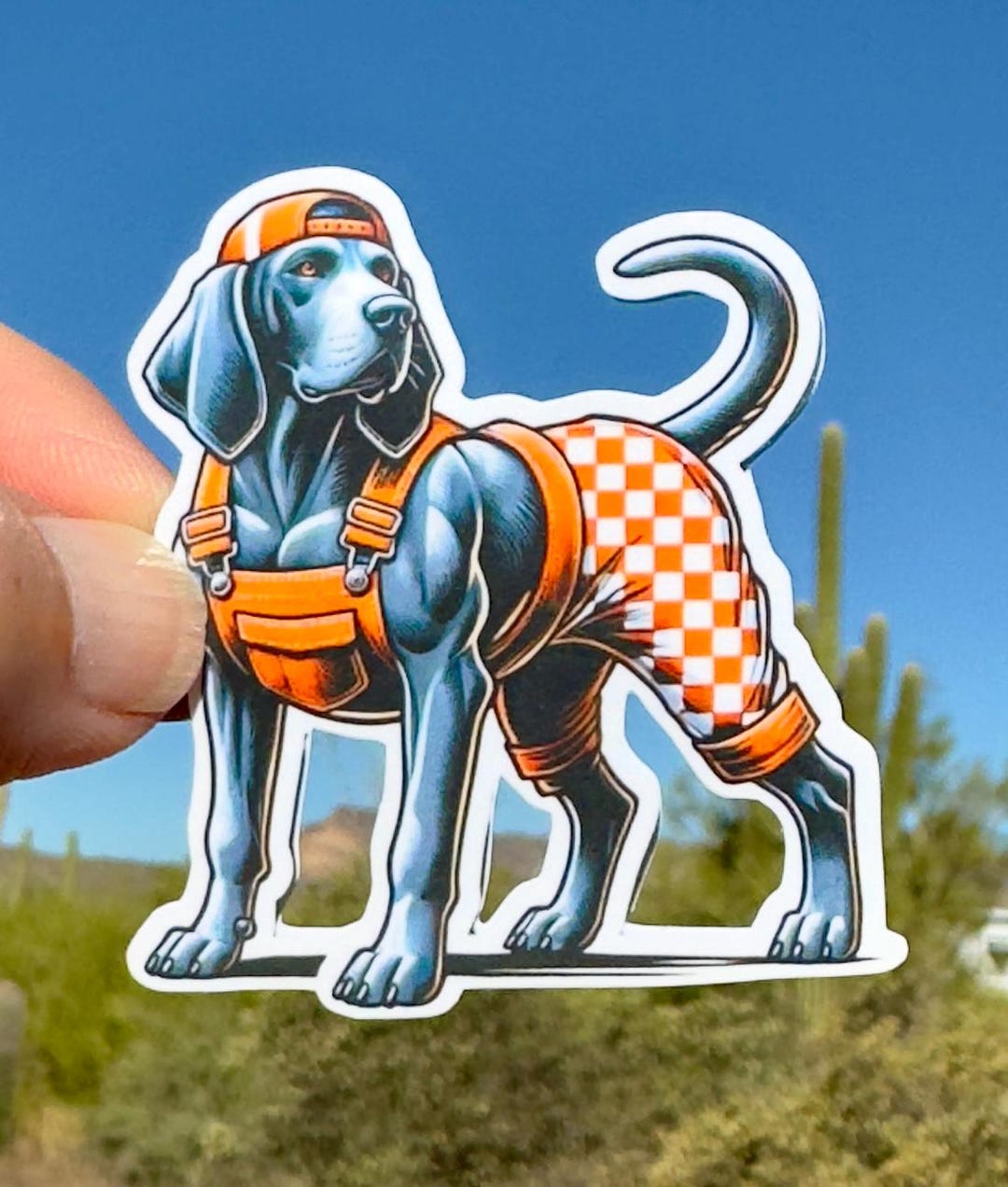 Bluetick Coonhound Wearing Orange and White Checkered Overalls Sticker ...