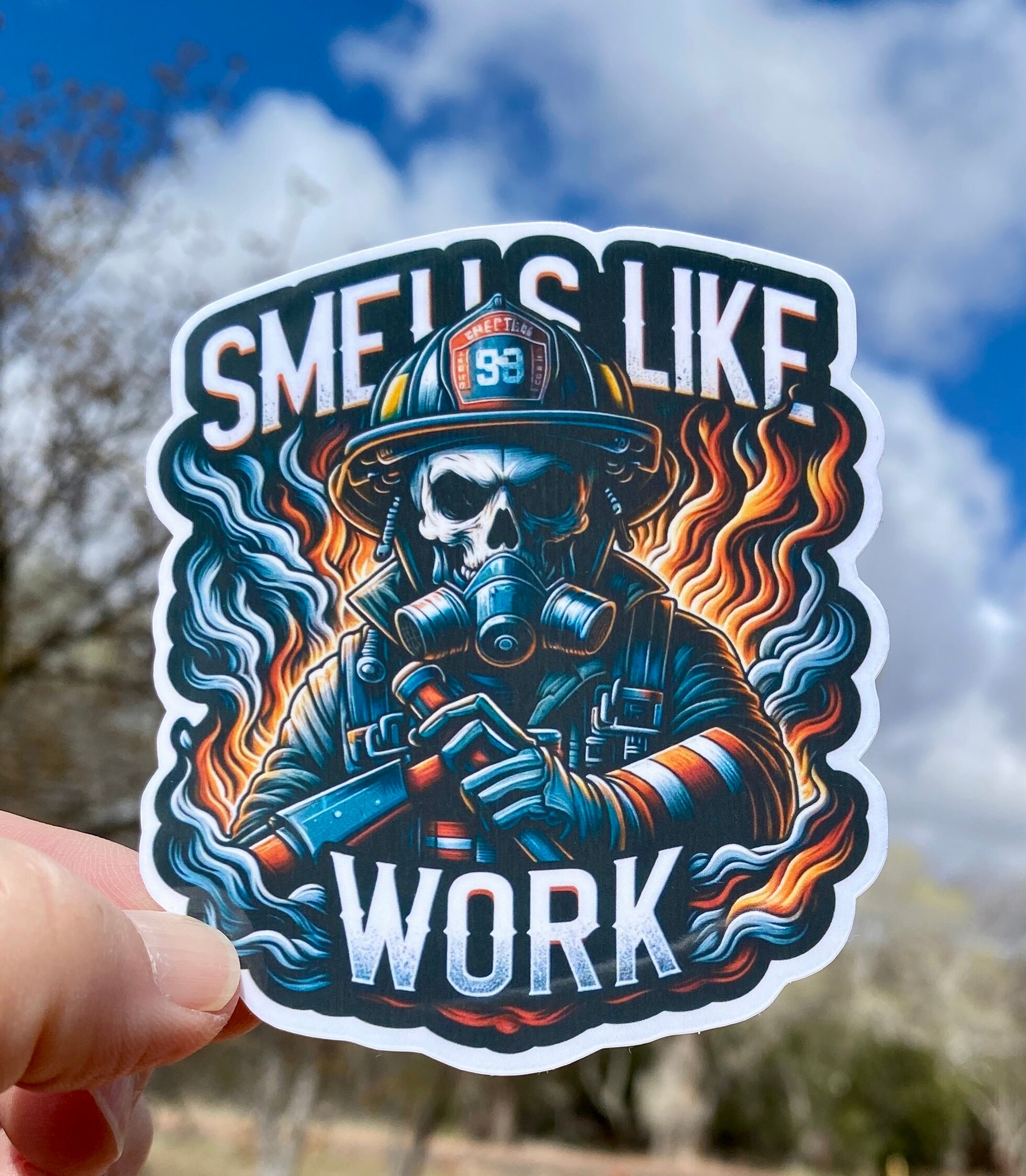 Skeleton Firefighter Smells Like Work Sticker, Firefighter, Bunker Gear ...