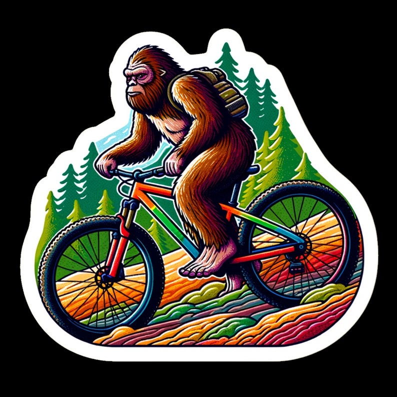 Bigfoot on Mountain Bike Sticker, Bigfoot, Mountains, Bigfoot Biking, Sticker, Decal, Bigfoot ...