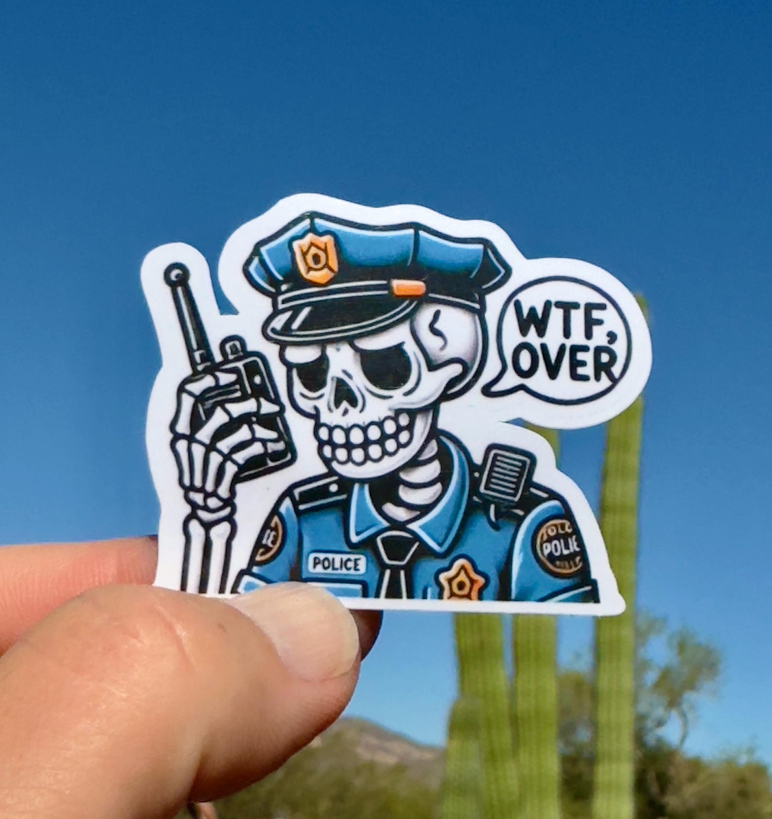 Skeleton Police Officer WTF Over Walkie Talkie Sticker, WTF, Walkie ...
