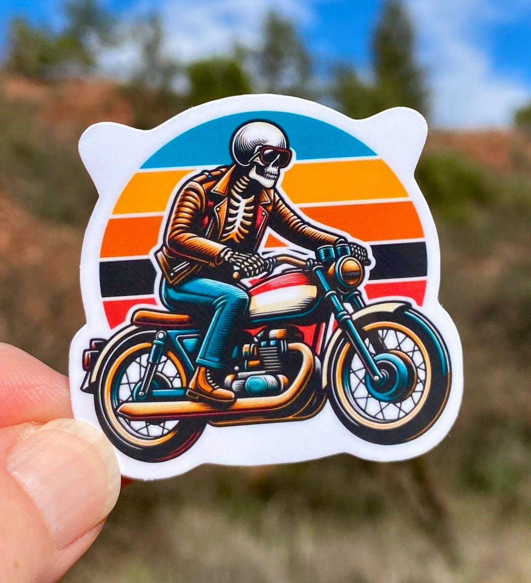 Skeleton Old School Motorcycle Sticker, Skeleton, Motorcycle, Retro ...