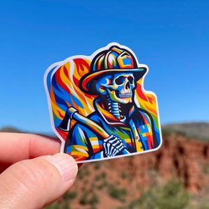 Pop Art Style Skeleton Firefighter Sticker, Firefighter, Bunker Gear ...