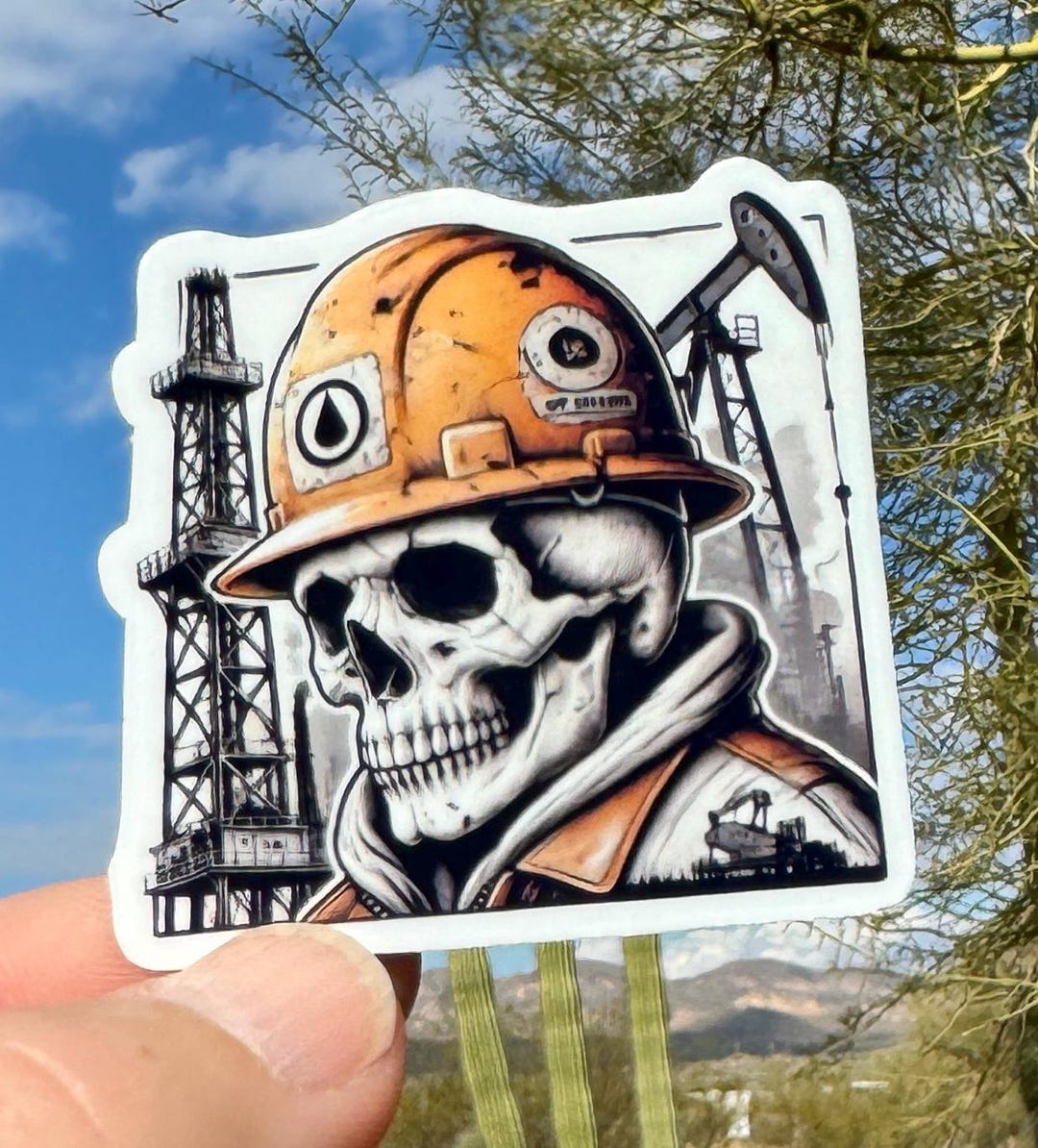 Skull in Hard Hat Oil Field Worker Sticker, Hard Hat, Oil Rig, Skull ...