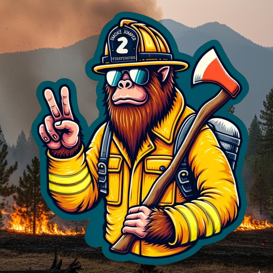 Bigfoot Wildland Firefighter Giving Peace Sign Sticker, Firefighter ...