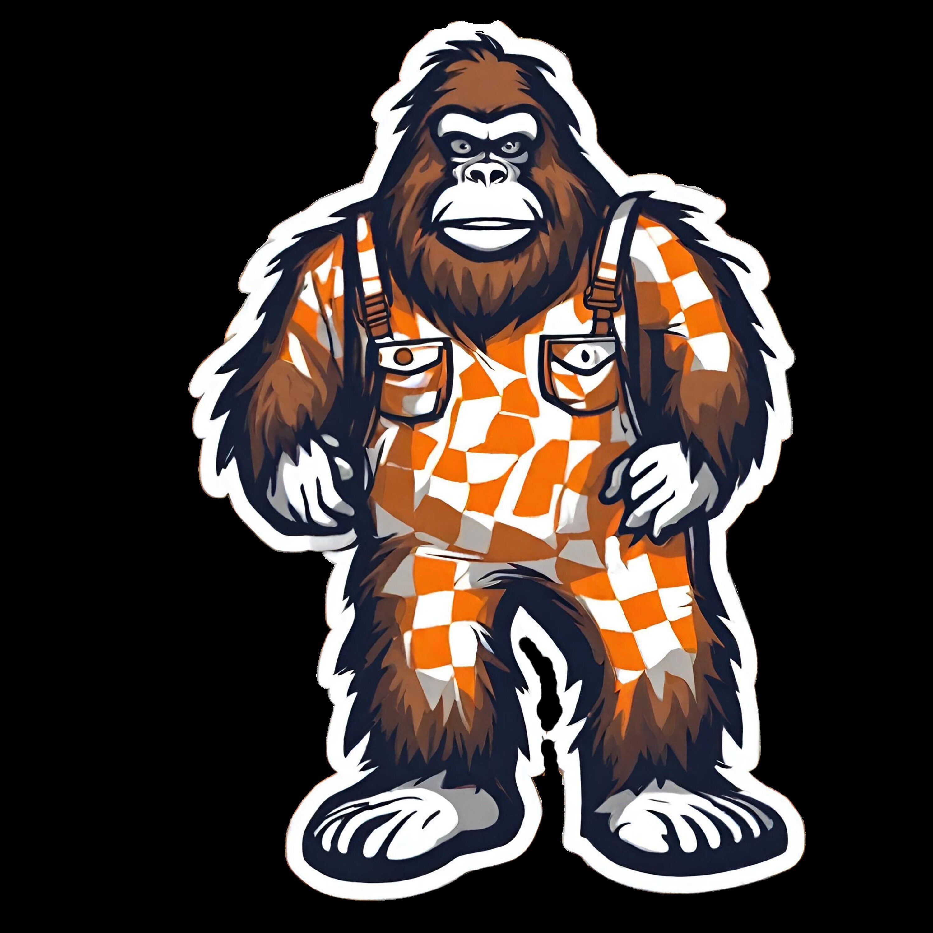 Bigfoot Wearing Orange and White Checkered Overalls Sticker. UT Vols ...