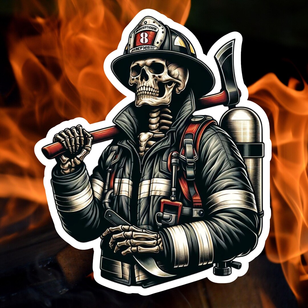 Skeleton Firefighter Sticker, Firefighter, Bunker Gear, Fireman, Ax ...
