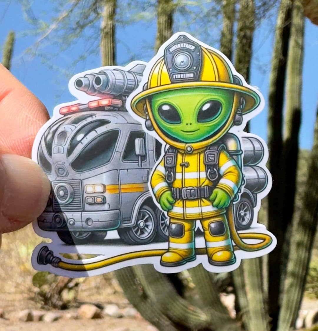 Alien Firefighter and Firetruck Sticker, Firefighter, Bunker Gear ...