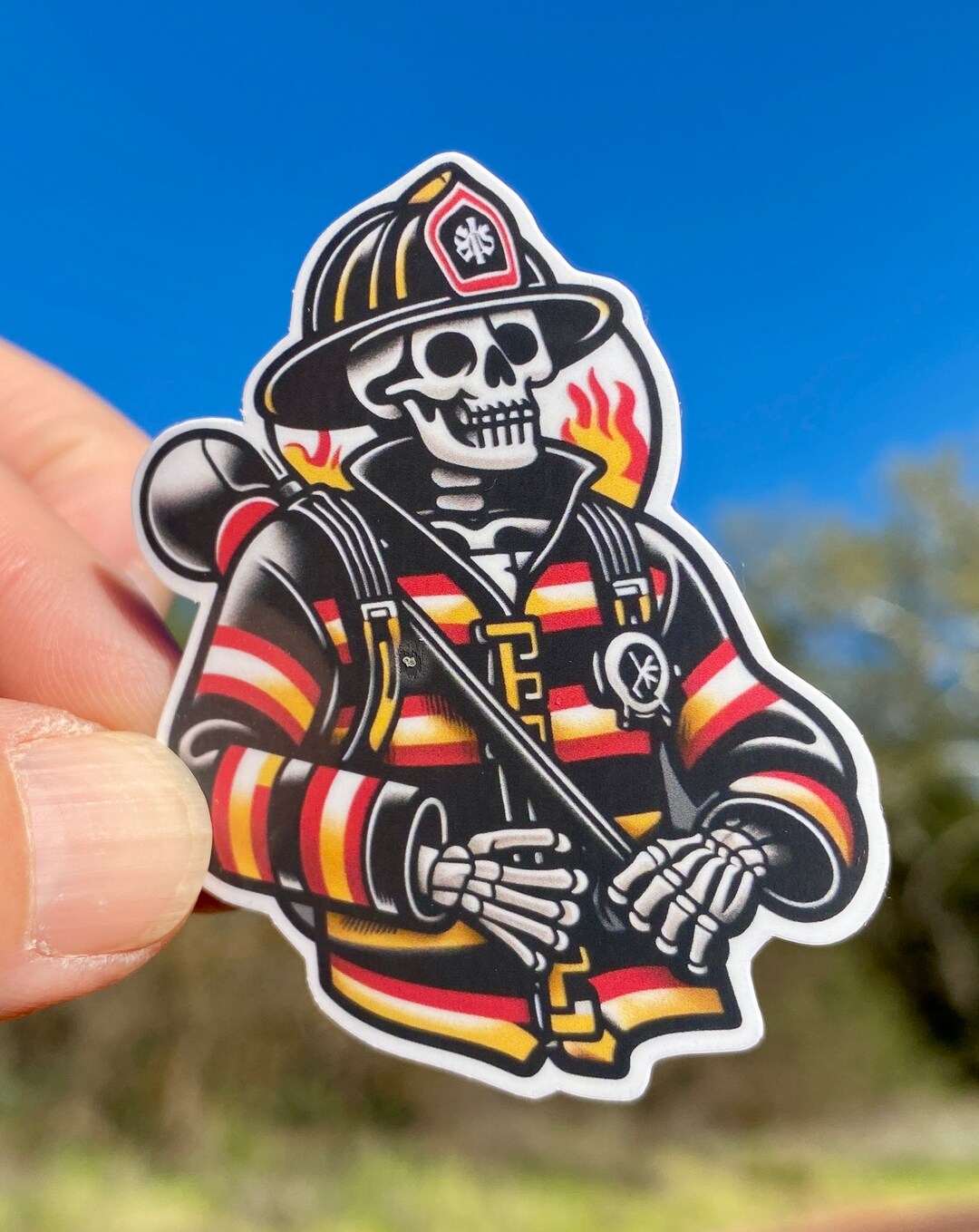 American Traditional Style Skeleton Firefighter Sticker, Firefighter ...