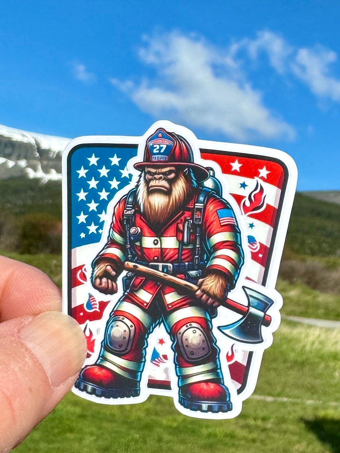 American Pride Bigfoot Sticker, Firefighter, Bunker Gear, Fireman, Ax ...