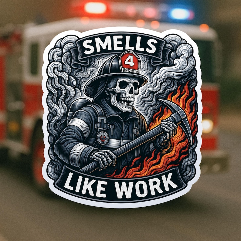 Skeleton Firefighter Smells Like Work Sticker, Firefighter, Bunker Gear ...