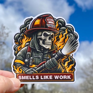 Skeleton Firefighter Smells Like Work Sticker, Firefighter, Bunker Gear ...