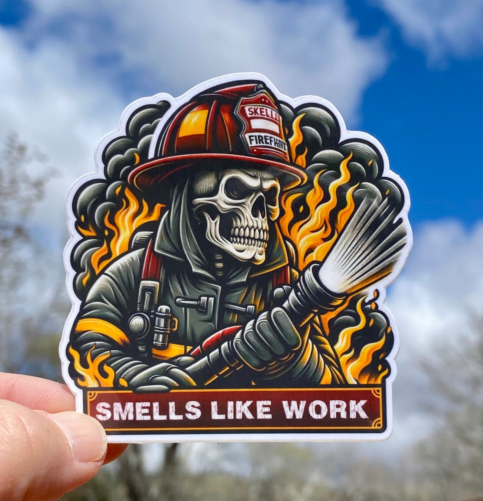Skeleton Firefighter Smells Like Work Sticker, Firefighter, Bunker Gear ...