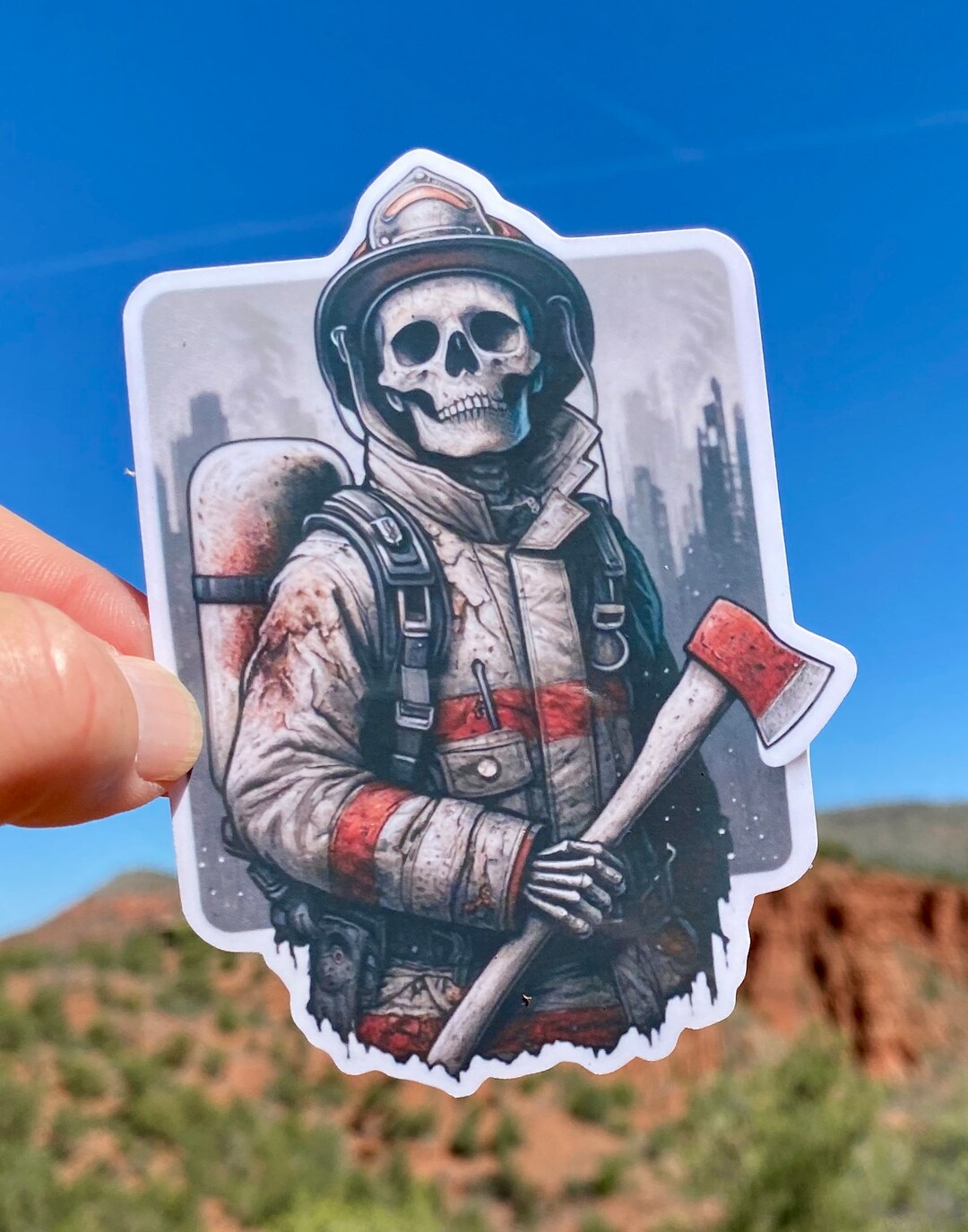 Dystopian Skeleton Firefighter Sticker, Firefighter, Bunker Gear ...