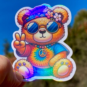 Holographic Hippie Teddy Bear Sticker, Sticker, Tie-dyed, Teddy Bear ...
