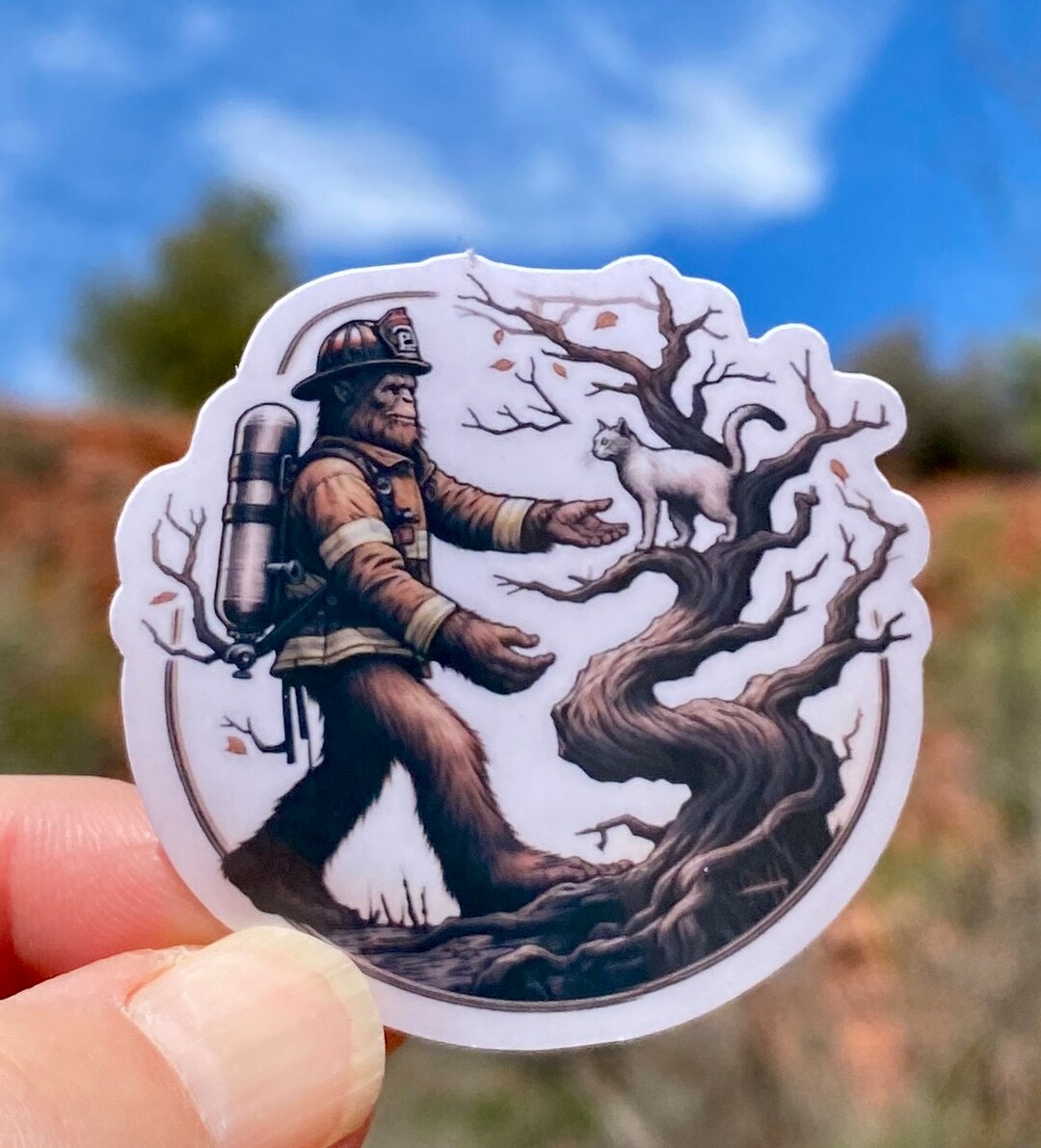 Bigfoot Firefighter Saving Cat in Tree Sticker, Firefighter, Bunker ...