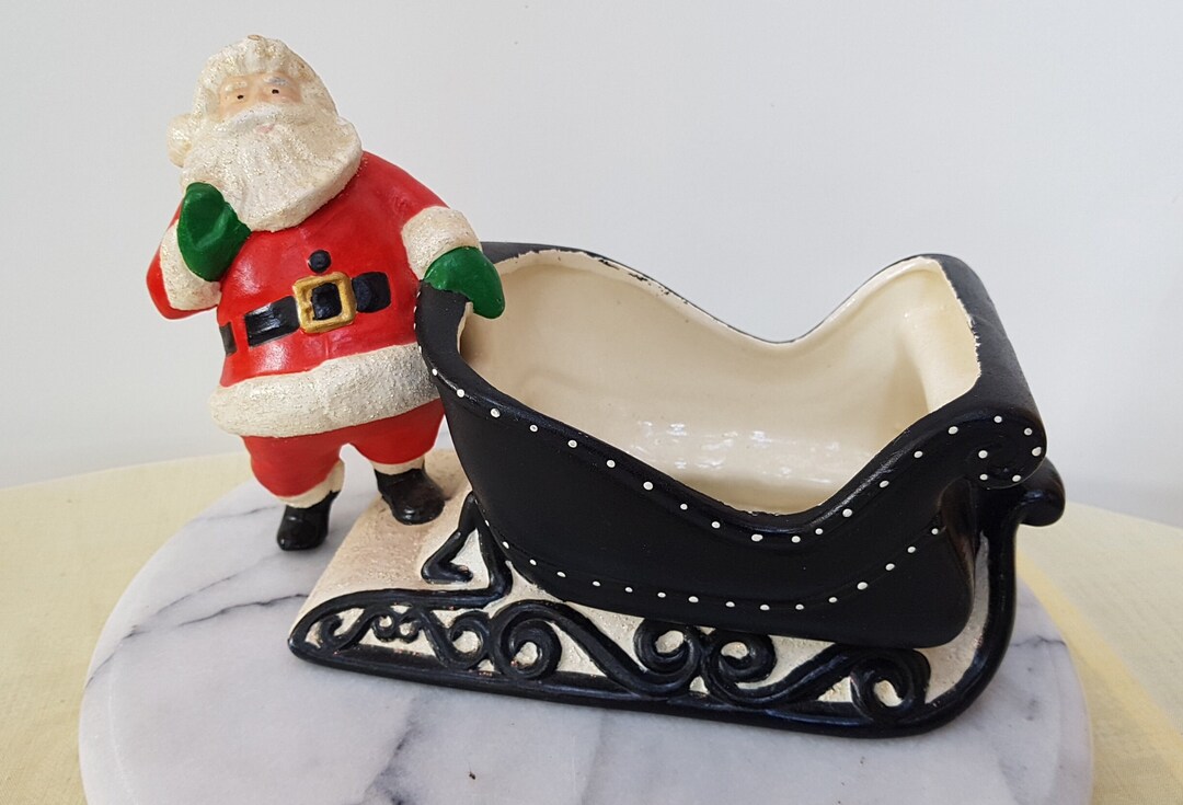 Vintage Santa Clause on Black Ceramic Sleigh Hand Painted - Etsy