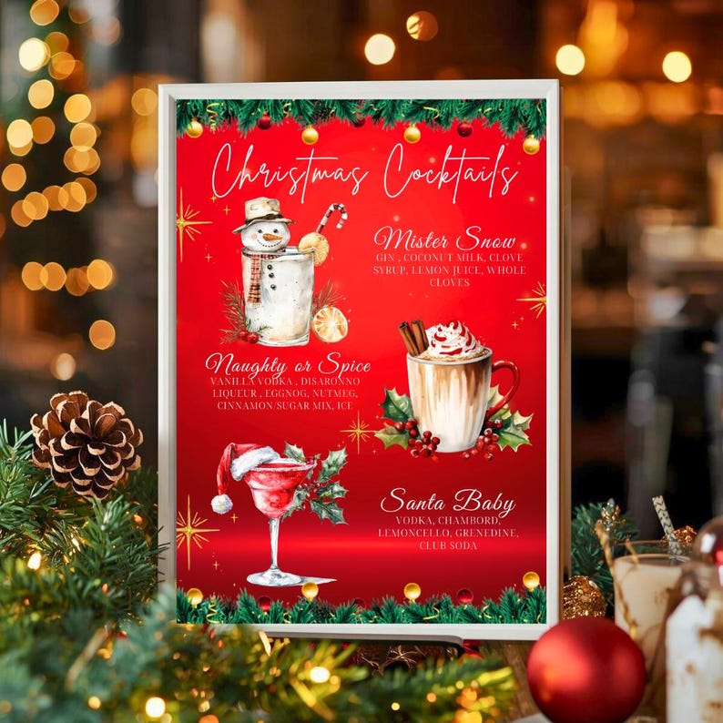 Christmas Cocktail Menu Template, Editable Drink Sign (digital Download ...