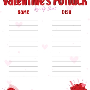 Valentines's Day Potluck Sign-up Sheet Printable, Potluck Sign-up Sheet ...