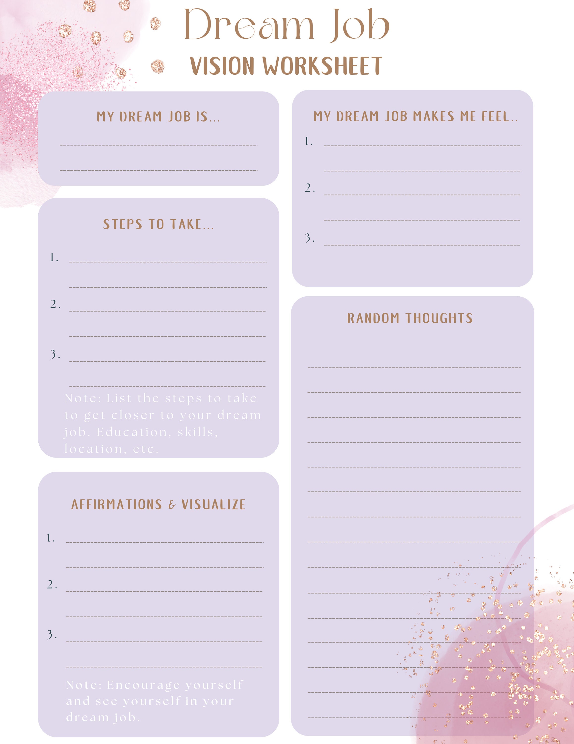 Dream Job Vision Printable Worksheet, Goal Setting Worksheet, Vision ...