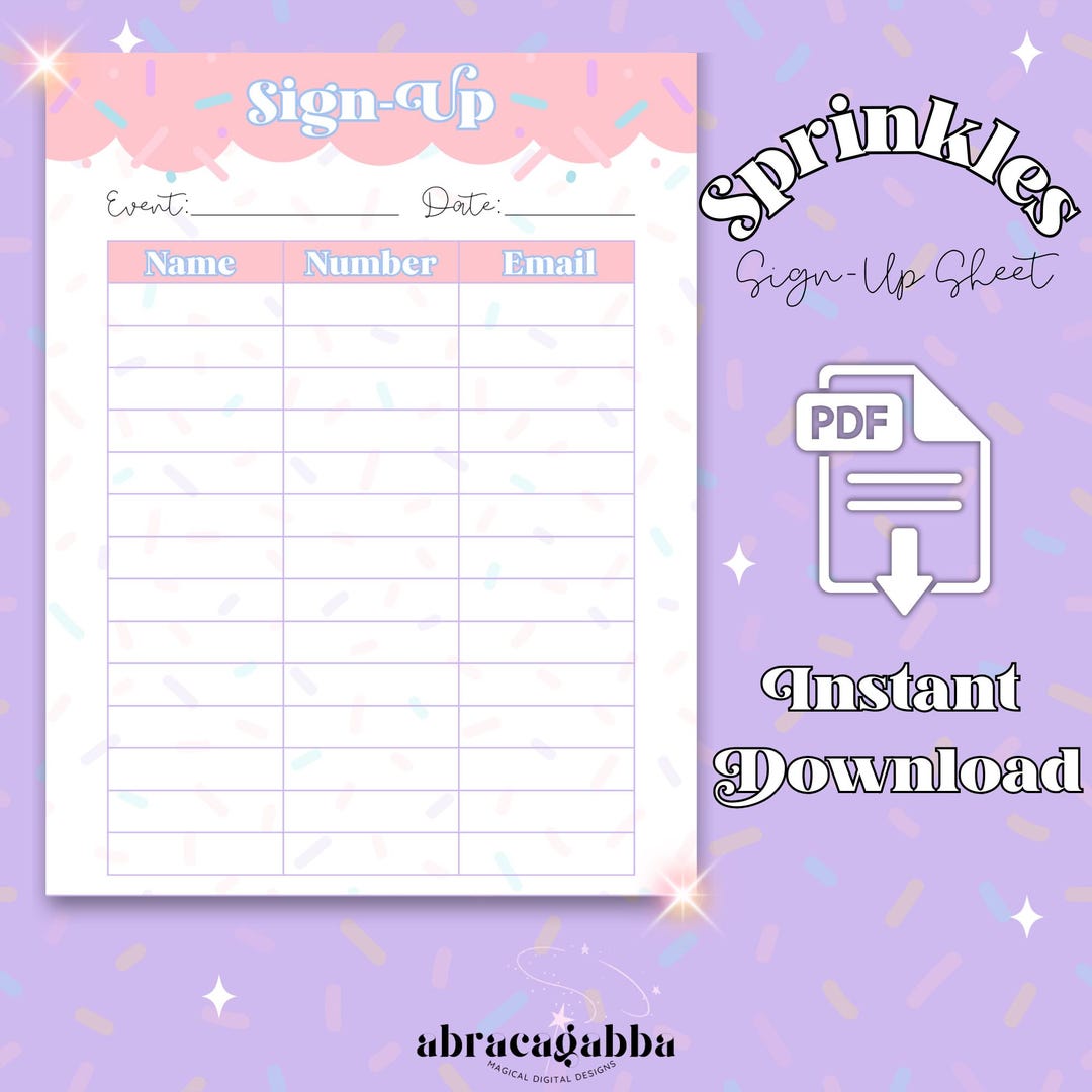 Sprinkles Sign-up Sheet Printable, PDF Instant Download, Event Signup ...