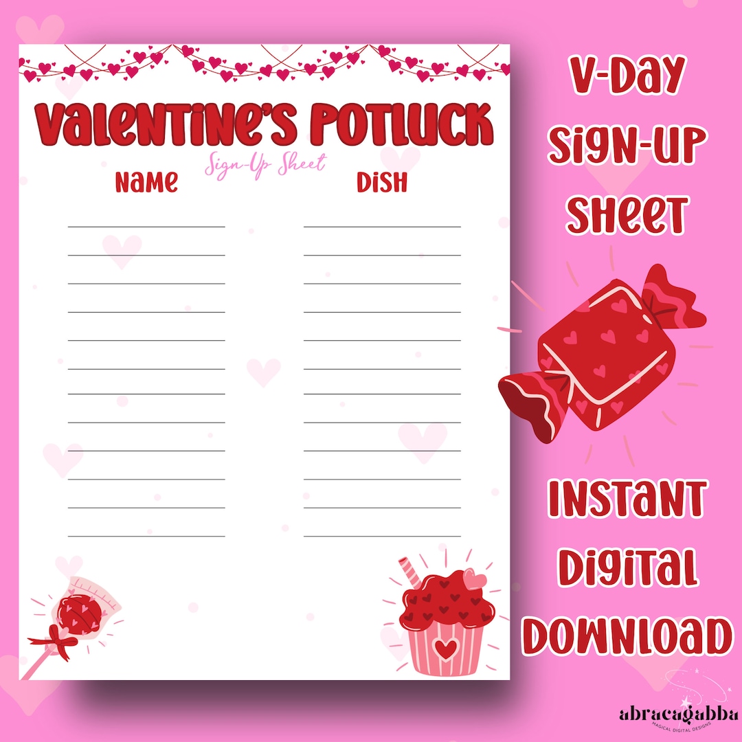 Valentines's Day Potluck Sign-up Sheet Printable, Potluck Sign-up Sheet ...