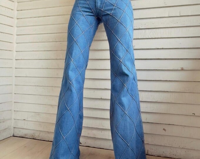 Vintage 70s Windowpane Bell Bottom Jeans Extra Long 28” Waist - Etsy