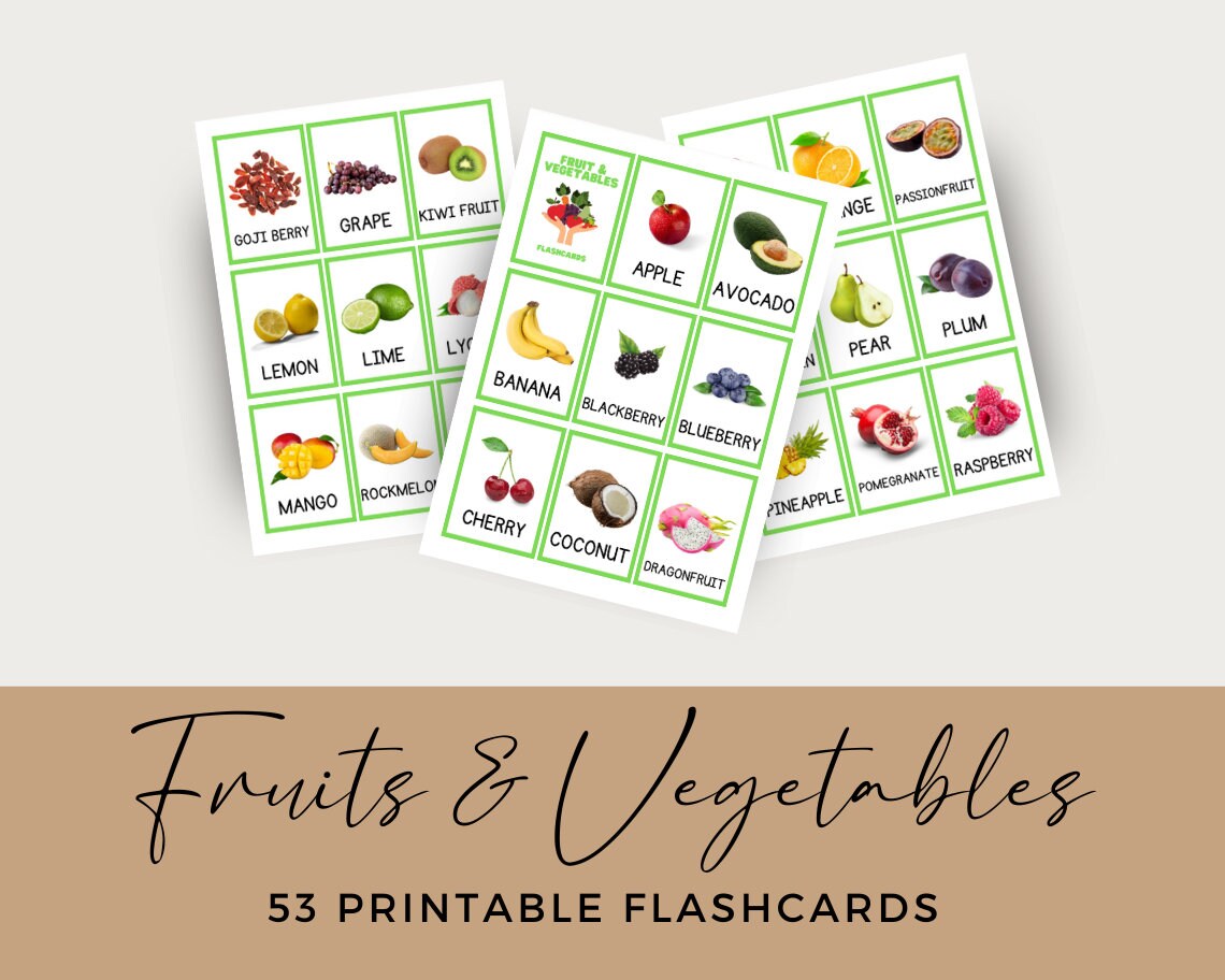 Fruits & Vegetables - 53 Printable Flashcards - Etsy
