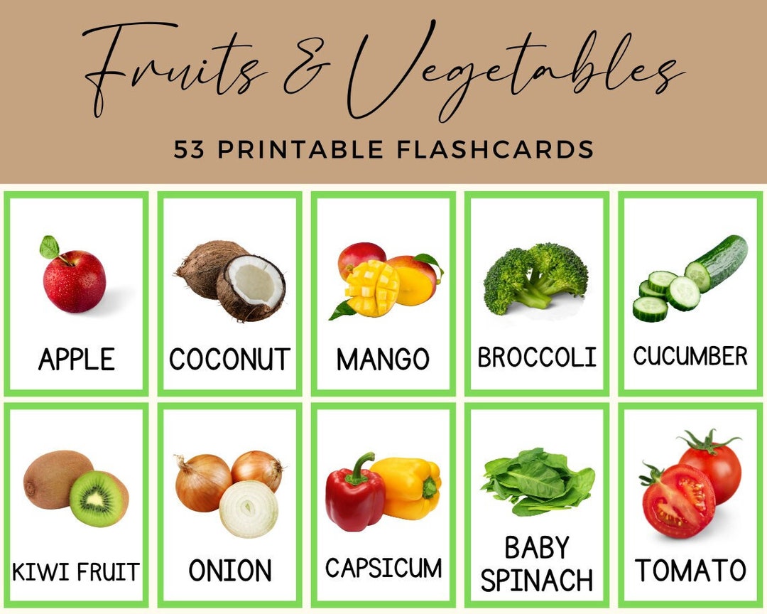 Fruits & Vegetables - 53 Printable Flashcards - Etsy