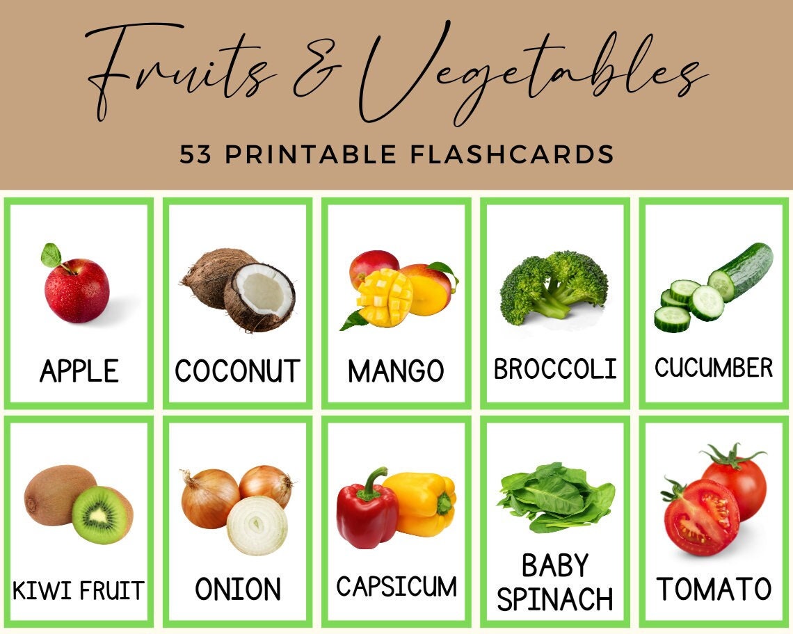 Fruits & Vegetables - 53 Printable Flashcards - Etsy