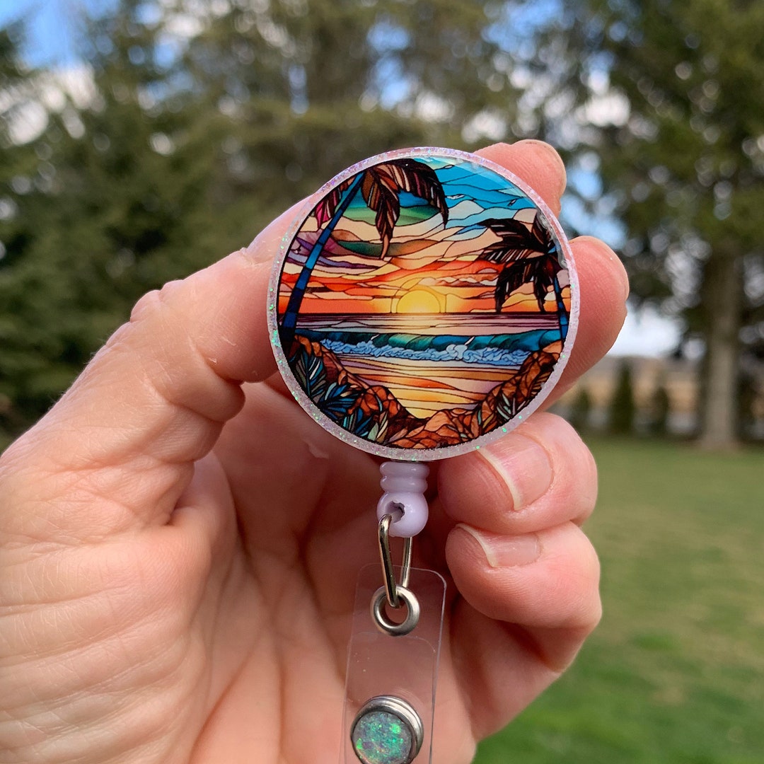 Sunset Beach Stained Glass Badge Reel - Etsy Australia