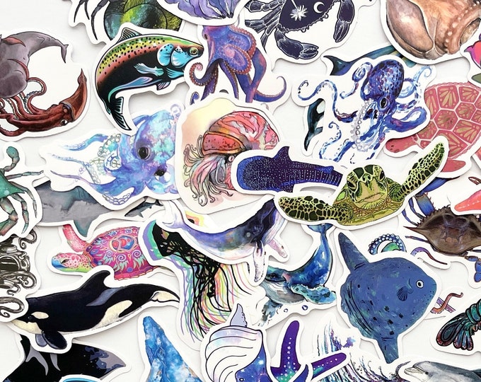 50 Whimsical Ocean Themed Sticker Set - Ocean Watercolor Like Style ...