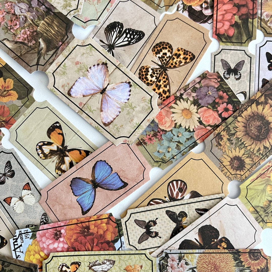 60 Vintage Butterfly Flower Ticket Stickers - Floral Butterfly Stickers ...