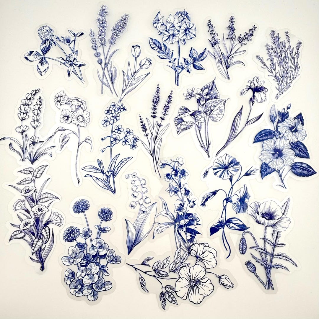 20 LARGE Translucent BLUE Line Art Flower Stickers - Clear Backing LONG ...